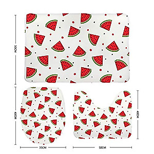 Bathroom Mat Rug Set Non Slip Including U-Shaped Contour Mat Toilet Seat Cover ﻿Watermelon Pattern Red Extra Soft Coral Fleece Memory Foam 3 Piece