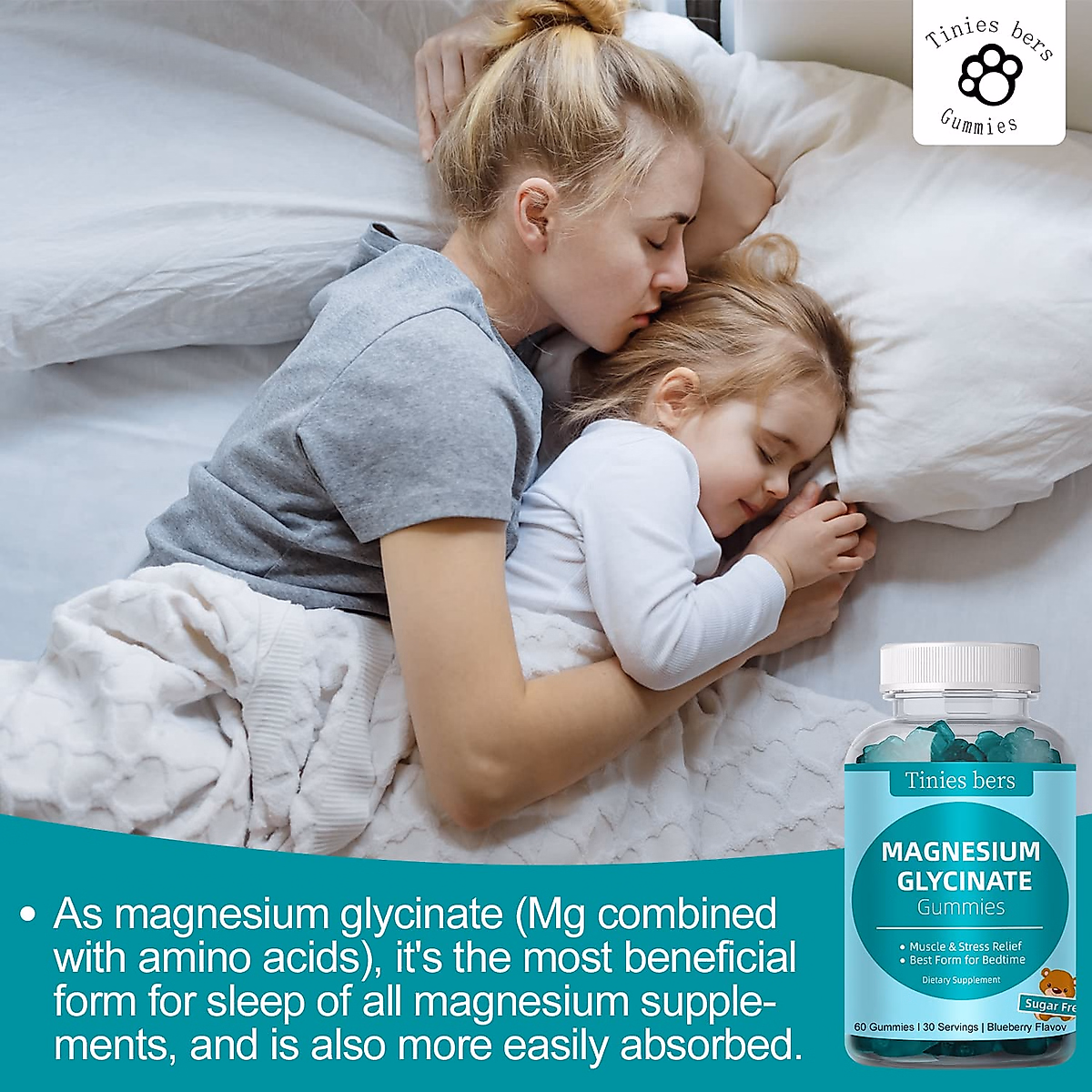 Magnesium Glycinate Gummies 500mg, Sugar Free for Adults & Kids, Best Magnesium Gummies for Sleep, Stress & Muscle Relief & Nerve Health, No Melatonin, Gluten Free, Non GMO, Vegan, Pectin, 60