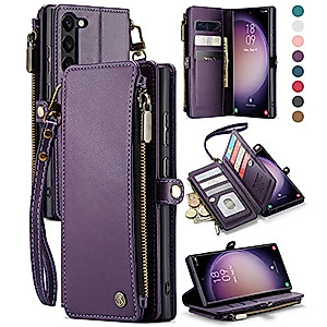 Defencase Galaxy S23 Plus Wallet Case, RFID Blocking PU Leather, Magnetic Flip & Zipper Card Holder - Fashion Purple
