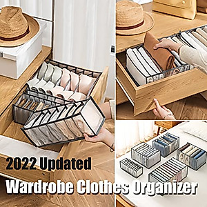 Wardrobe Clothes Organizer, 7 Grid Washable Jeans Drawer Organizer with Compartment Storage Box,Foldable Drawer Closet Clothing Organizer Basket for T-Shirt,Set of 2 (Grey with Handle)