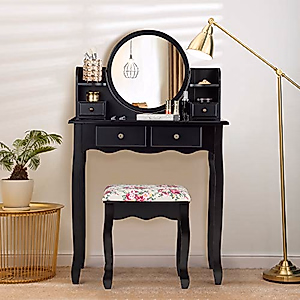 CHARMAID Vanity Set with 4 Storage Shelves and 4 Drawers, Makeup Table with 360° Pivoted Round Mirror and Makeup Organizers, Dressing Table with Mirror and Cushioned Stool for Women Girls (Black)