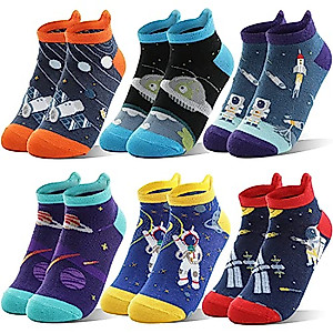 Welwoos Kids Boys Ankle Socks No Show Low Cut Funny Cute Cartoon Novelty Cotton Socks 6 Pairs Gifts Stocking Stuffers for Boys Kids(Space,,9-14 Y)
