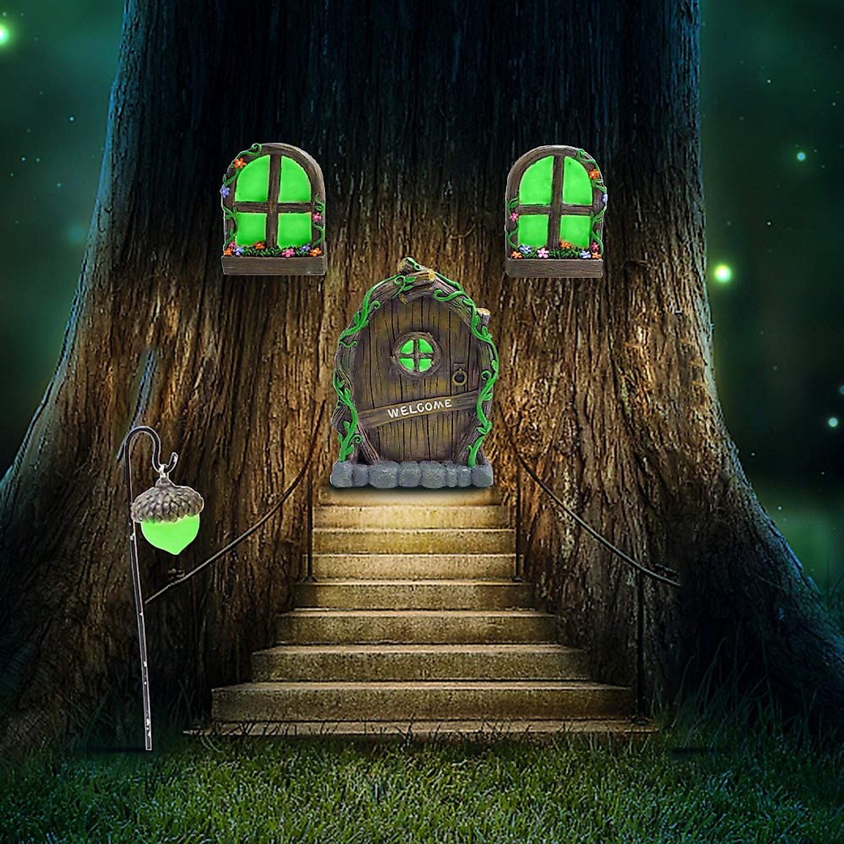 CALIDAKA 3pcs Miniature Fairy Gnome Home Window and Door Lamp for Trees Decoration,Stone Shape Glow in Dark Fairies Sleeping Door and Windows for Yard Art Garden Noctilucence Sculpture