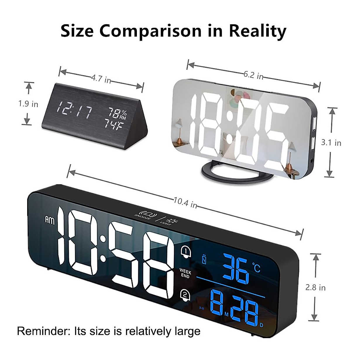 Digital Clock, Clock for Bedroom, Digital Wall Clock, Clocks for Living Room Decor, Desk Clock, Table Clock, Digital Clock Large Display, Smart Alarm Clock for Office Blue (Wired Black+Blue Digit)