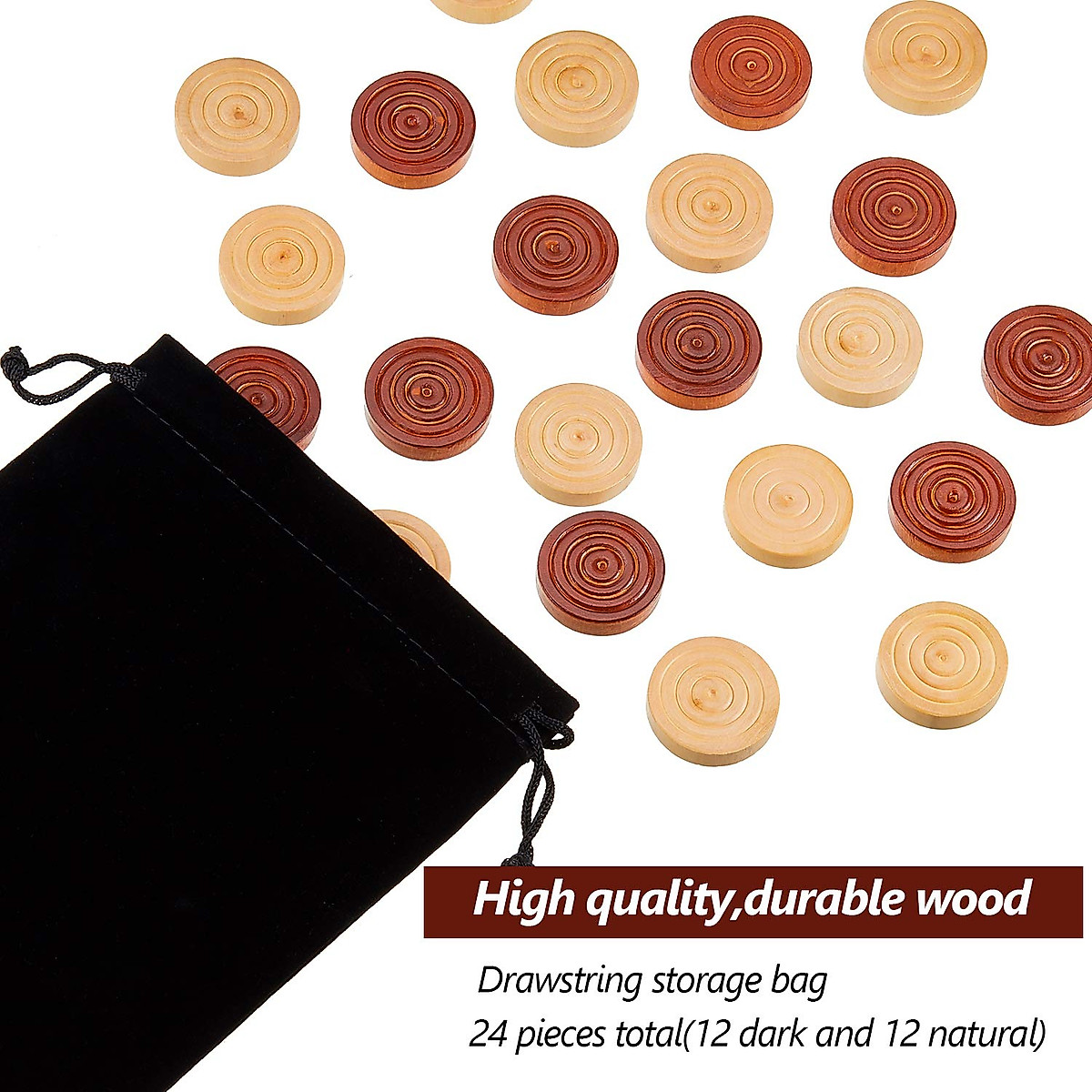 24 Pieces Wooden Checkers 1.06 Inch Wood Checkers Pieces Stackable with Drawstring Storage Bag for Board Game Backgammon, Dark Brown and Natural Wood Color