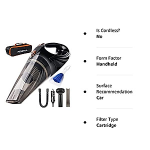 Reserwa [5th Gen] 12V 106W Car 4500PA Much Stronger Suction Potable Handheld Auto Vacuum Cleaner with 16.4FT(5M) Power Cord, Carrying Bag, Cleaning Brush (Black)