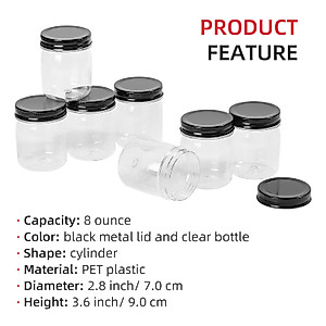 OMNISAFE 8 Ounce Clear Plastic Mason Jars With Screw On Lid, Reusable Empty Jars for Food Storage, Round BPA Free Containers for Sealing, Dry Food, Snacks, Candies, Breakage-proof, (Black - 16 Pack)