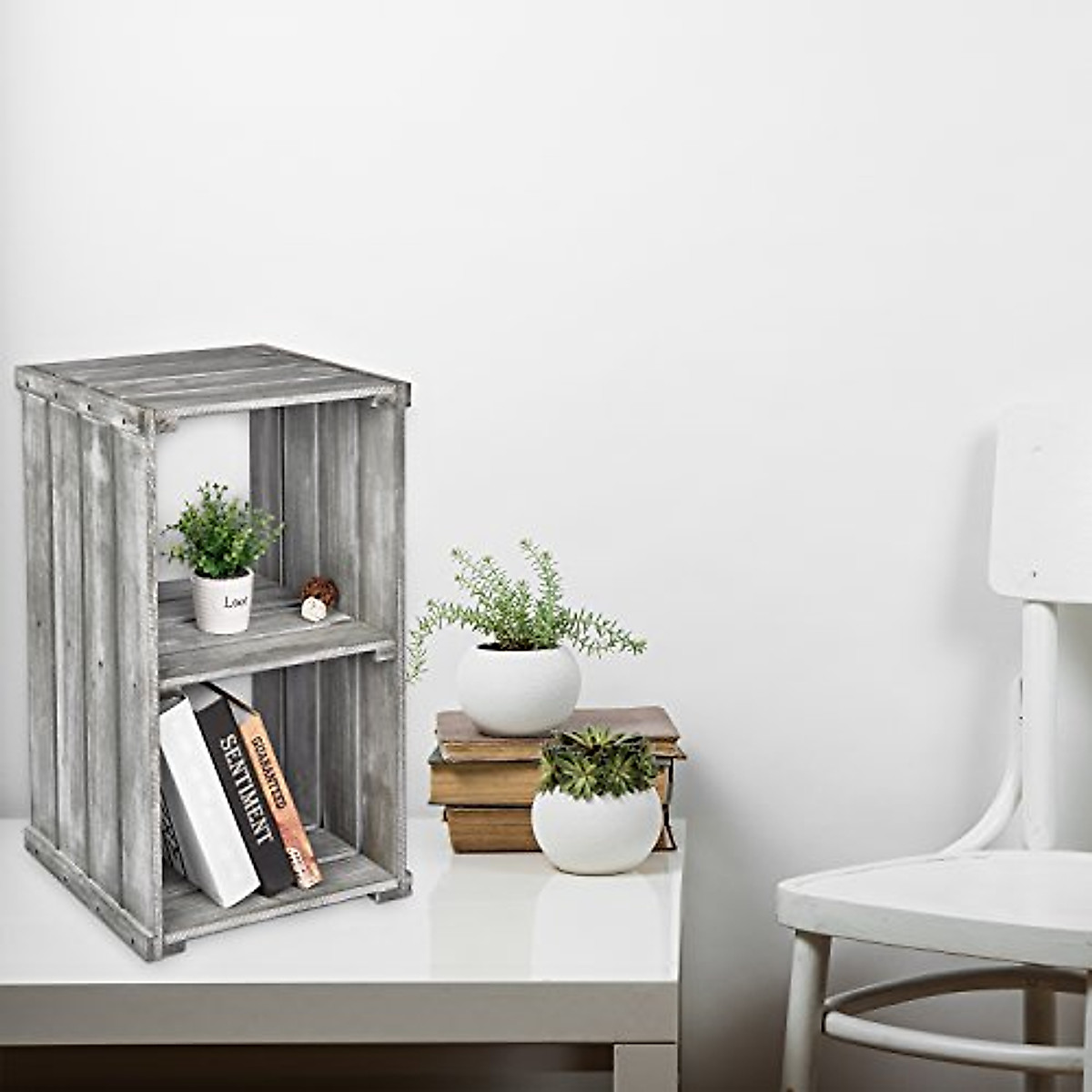 MyGift 2 Tier Rustic Dark Gray Wood Crate Design Storage Shelf Organizer Cubby, Small Bookcase Shelving Unit, Side Accent Table Nightstand with Shelves