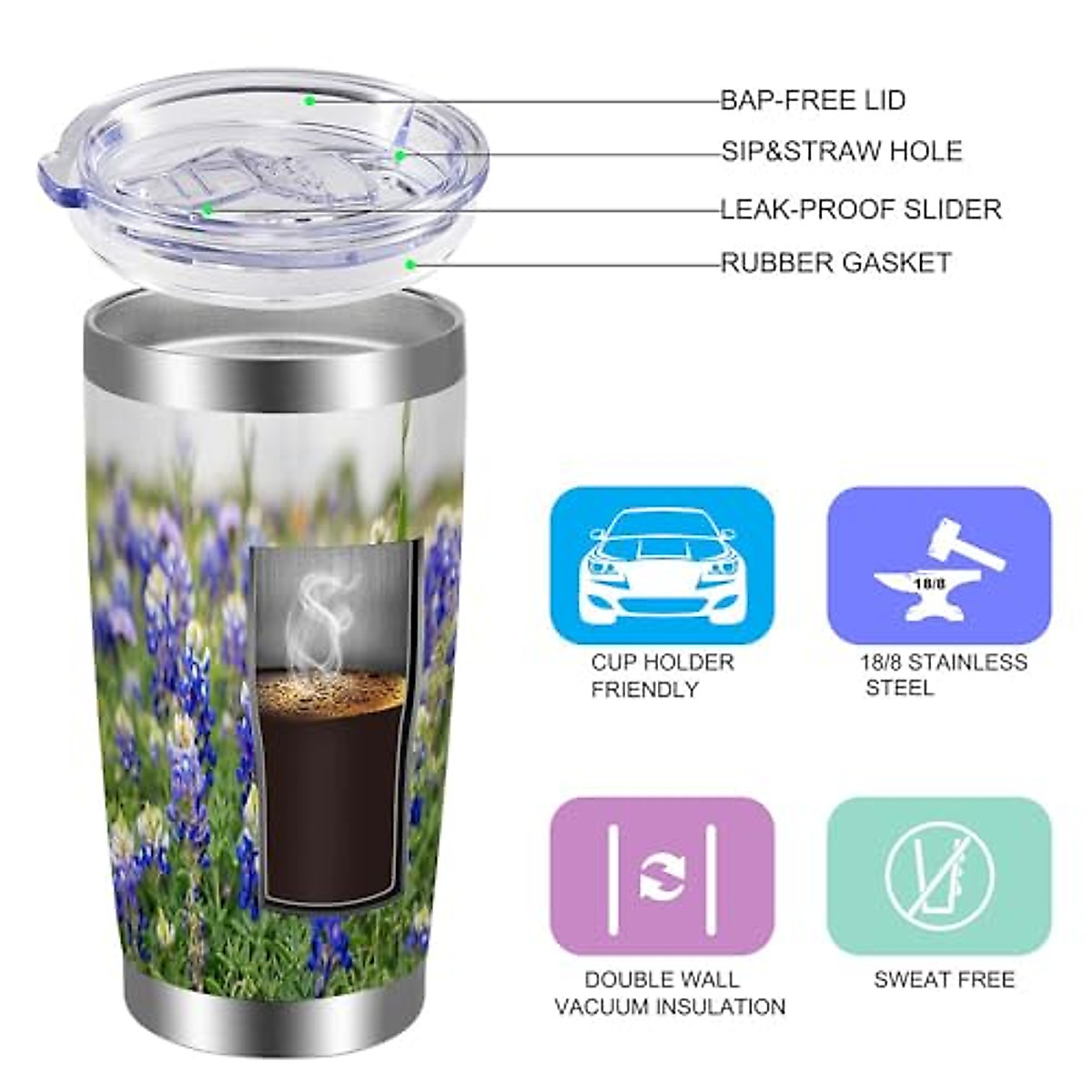 Jesmacti 20Oz Drink Tumbler Bunch Texas Bluebonnets Blue Purple Flowers Springtime Insulated Tumblers Travel Mug for Dorm