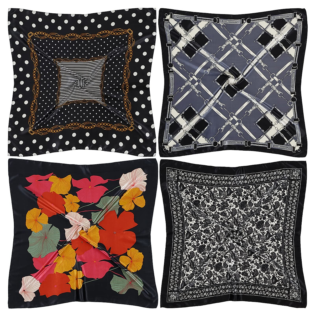 QBSM 4 Pcs 35'' Satin Head Scarf Silk Feeling Neck Scarves Hair Wrap for Sleeping Large Square Headscarf for Women