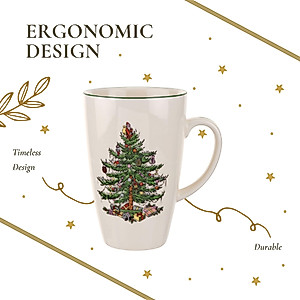 Spode Christmas Tree Latte Mug - 22 Oz Holiday Coffee Cup for Tea, Hot Cocoa, and More - Classic Green Banded Christmas Tree Design - Dishwasher & Microwave Safe Fine Earthenware Mug