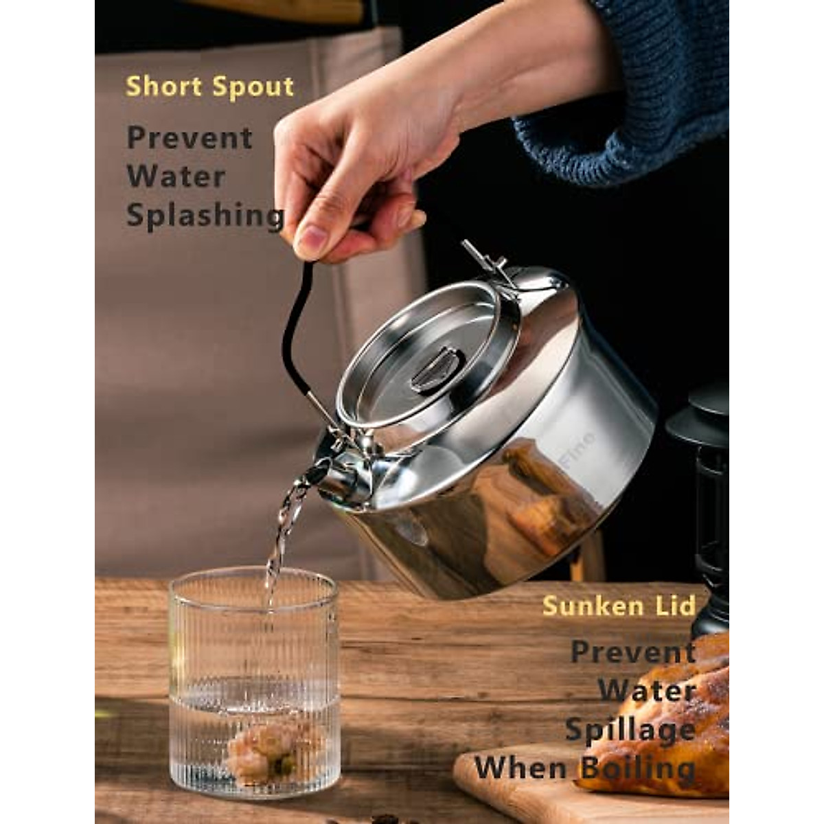 CretFine 304 Stainless Steel Camping Tea Kettle with Stackable Cups and Portable Bag, Anti-scalding Open Campfire Coffee Tea Pot, 1.1 Qt