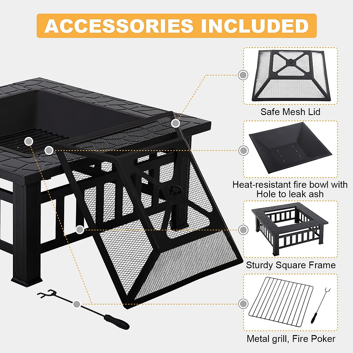 HCY 32" Fire Pit Table for Outside,Outdoor Fire Pit Square Wood Burning with Spark Screen Fire Poker for Camping,Backyard,Patio(Black)