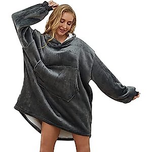 Oversized Blanket Hoodie Sweatshirt Comfy Wearable Blanket Sherpa Pajama Hood Soft Warm Hooded Fleece Blanket with Pocket (One Size, Green)