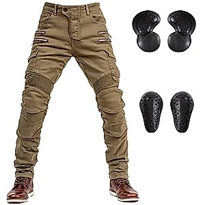 LOMENG Motorcycle Riding Pants Motorbike Motocross Cycling Jeans Safety CE Knee Hip Removable Armored All Seasons for Men Khaki 30