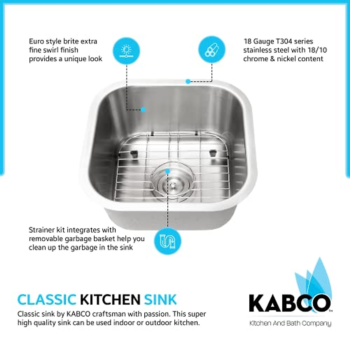 KABCO 16 Inch Square Single Bowl Stainless Steel Classic Kitchen Sink with Kitchen Sink Strainer, Garbage Basket and Sink Grid, 18 Gauge Undermount Rust Resistant Sound and Heatproof Swirl Finish Sink