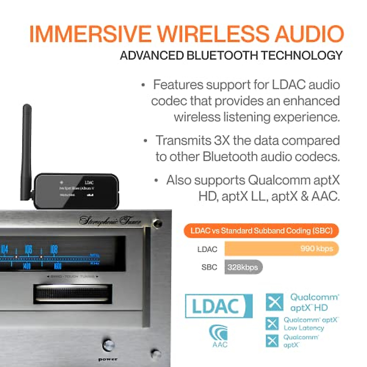 Auris Blume Pro HiFi Bluetooth 5.0 Music Receiver Long Range Bluetooth Adapter with Audiophile DAC, LDAC, aptX HD, OLED Display & Optical Coaxial AUX Output for Home Stereo, AV Receiver or Amplifier