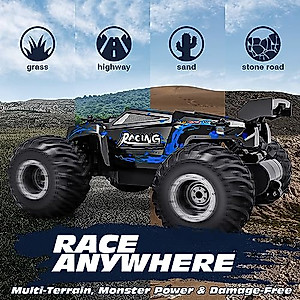 Tecnock RC Cars for Boys 8-12, 1:18 Scale 25 KM/H Fast Remote Control Car for Adults, 2.4GHz 2WD Off Road Monster Truck with 2 Rechargeable Batteries & LED Lights, Toys Gifts for Kids