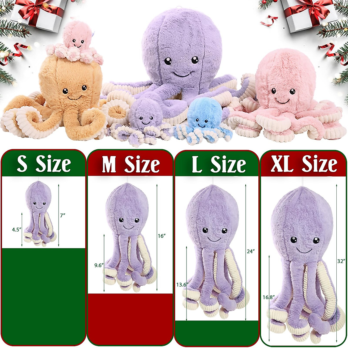 DENTRUN Octopus Stuffed Animals, Giant Octopus Plush Doll Play Toys for Kids Girls Boys Adults Birthday Xmas Halloween Present Stuffed Sea Animals Plushie, 7/16/24/32 Inches, 5 Colors