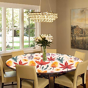 Atury Fall Tablecloth,Maple Leaves Oval Elastic Edged Table Cloth,Oil-Proof Washable Polyester Cover for Indoor Holiday Family Banquet and Outdoor Patio Use(68 inch X 48 inch,Red，Oval