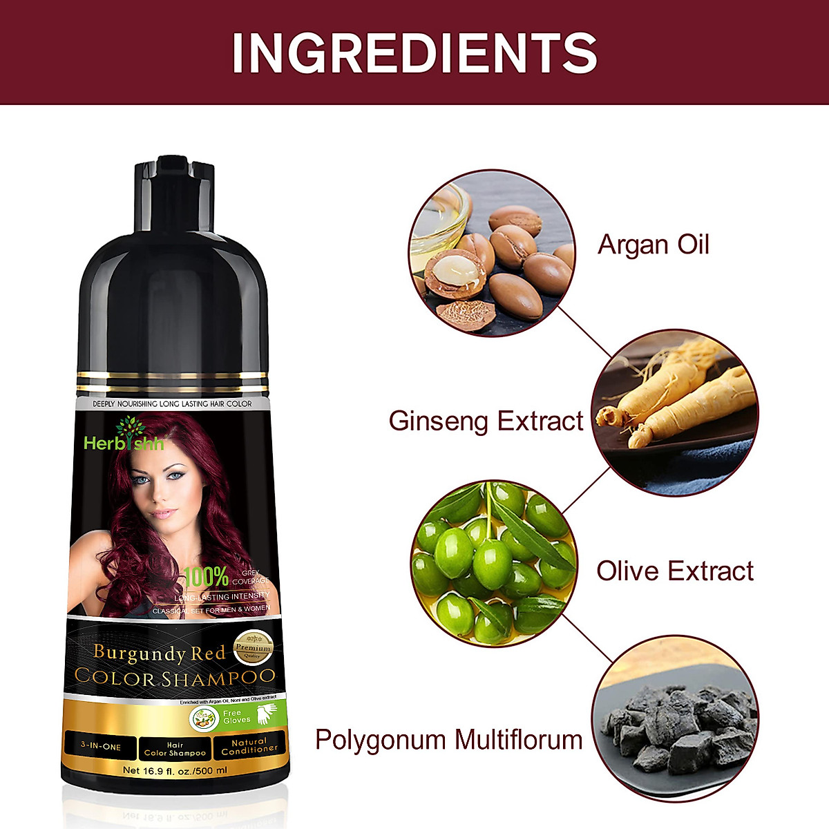 Herbishh Burgundy 3-In-1 Hair Color Shampoo for Gray Hair Magic Hair Dye Shampoo Colors Hair in MinutesLong Lasting500 MlAmmonia-Free