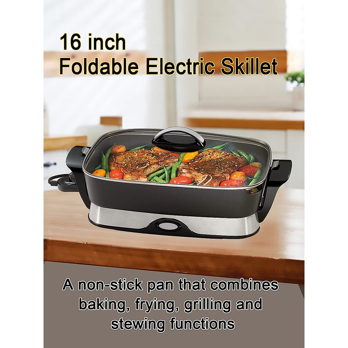 Electric Skillet Nonstick Foldaway - 16 inch, with Adjustable temperature, Easy to clean, Black, Nozaya