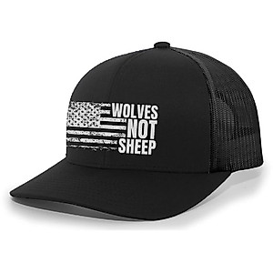 Men's Wolves Not Sheep Patriotic Embroidered American Flag Mesh Back Trucker Hat, Black/Black