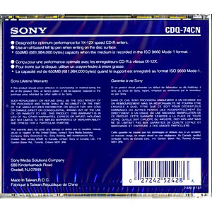 Sony 1-Pack CD-R Recorder Media CDQ-74CN 650MB 74min 12x with Jewel Case