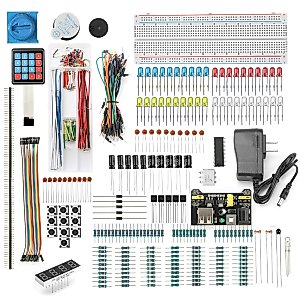DEYUE 398 Electronic Starter Fun Kit Bundle | Basic Electronics Components Starter Kit | for Arduino, Raspberry Pi, STM32 | Power Supply Module, Power Adaptor, Jumper Wire