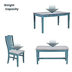 SIYSNKSI Mid-Century 6-Piece Dining Table Set with 4 Upholstered Dining Chairs and Bench, Wood Rectangular Dining Table with Drawer for Kitchen Living Room, Dining Table Set for 6 (Antique Blue)