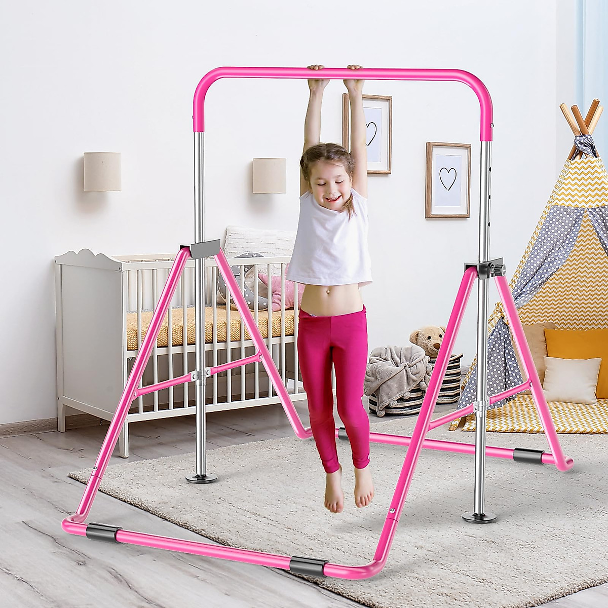 Safly Fun Gymnastics Bar for Kids, Adjustable Height Horizontal Bar Foldable Gymnastic Junior Training Bar Kip Bar for Home Using Gymnastics Equipment Indoor