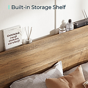 LINSY Queen Wood Bed Frame with Ergonomic Headboard, Bed Frame Queen with Storage Shelf, Noise-Free, No Box Spring Needed - Brown