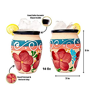 Cantaritos de Barro Jarritos Mexicanos - Set of 2 Authentic Mexican Glazed Clay Mugs 14 Oz For Drink Margaritas & Tequila Special For Taco Tuesda & Mexican Parties (Navy Blue Rim Flowers Desing)