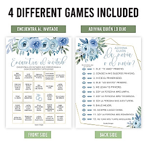 Dusty Blue Spanish Bridal Shower Games 20 Guests - Juegos Para Despedida De Soltera En Español, Wedding Shower Games, Bridal Shower Bingo In Spanish, Popular Bridal Shower Games Spanish Edition