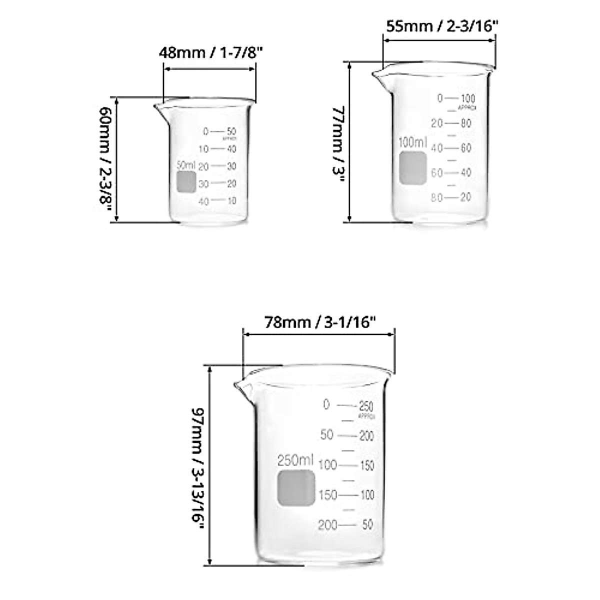 QWORK Glass Measuring Beaker Set, 3 Pcs (50ml 100ml 250ml), Graduated Measuring Low Form Glass Beaker
