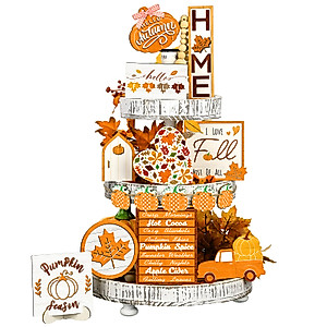 Amyhill 15 Pcs Thanksgiving Tiered Tray Decor Set Fall Tiered Tray Decor Rustic Pumpkin Maple Leaf Truck Table Centerpieces Harvest Wood Blocks Signs for Home Fall Decorations