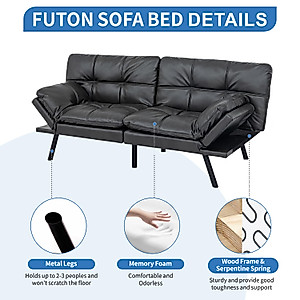 MUUEGM Faux Leather Futon Sofa Bed, Convertible Memory Foam Couch Bed, Modern Love Seat for Living Room,Compact Space,Apartment,Office,Adjustable Backrests Armrests Couch Sleeper,71" Matte Black