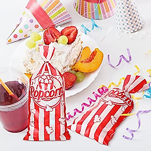 100 Pcs Popcorn Bags for Party Treat Set, Cellophane Candy Bags Red White Stripe Cookie Snacks Bags with 150 Red Twist Ties for Circus Carnival Birthday Party Favor(Strip Style)
