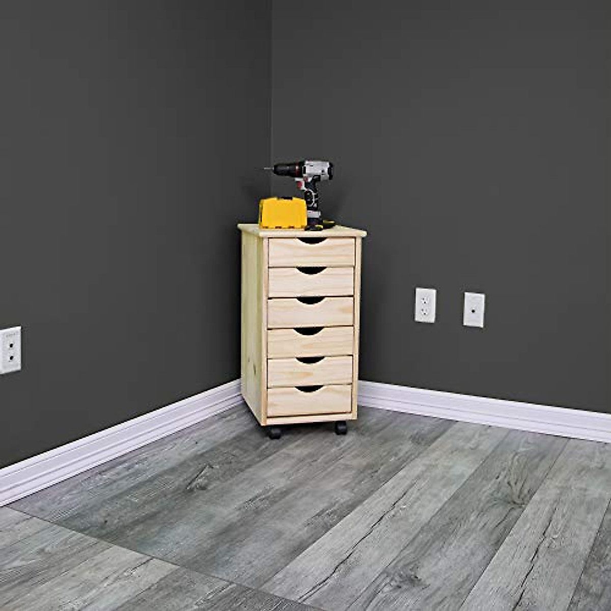 Adeptus Original Roll Cart, Solid Wood, 6 Drawer Narrow Drawers Roll Carts, Unfinished