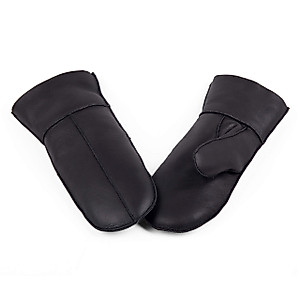 Zavelio Women's Premium Shearling Sheepskin Leather Fur Mittens Black Small