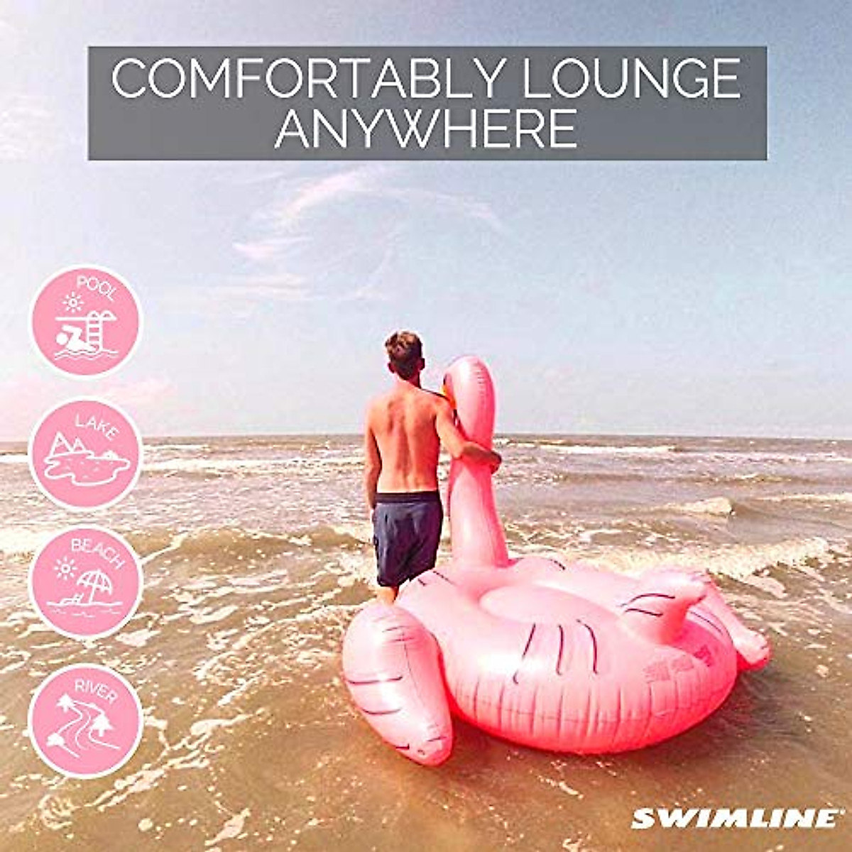 SWIMLINE ORIGINAL 90627 Giant Inflatable Flamingo Pool Float Floatie Ride-On Lounge W/ Stable Legs Wings Large Rideable Blow Up Summer Beach Swimming Party Lounge Big Raft Tube Decoration Toys Kids