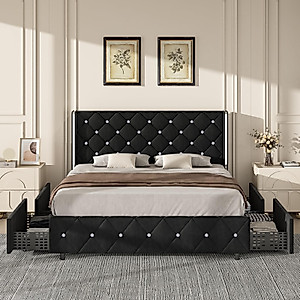 4 EVER WINNER Queen Size Bed Frame with 4 Storage Drawers, Velvet Tufted Diamond Platform Bed Frame with Upholstered Wingback Headboard, Heavy Duty Solid Wood Slats Support, No Box Spring Need, Black
