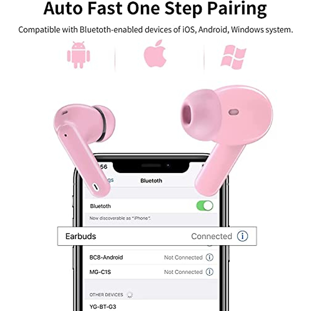 Active Noise Cancelling Wireless Earbuds in-Ear Bluetooth Headphones, IPX7 Waterproof Hi-Fi Stereo Earphones for Smart Phone Computer Laptop (Pink)