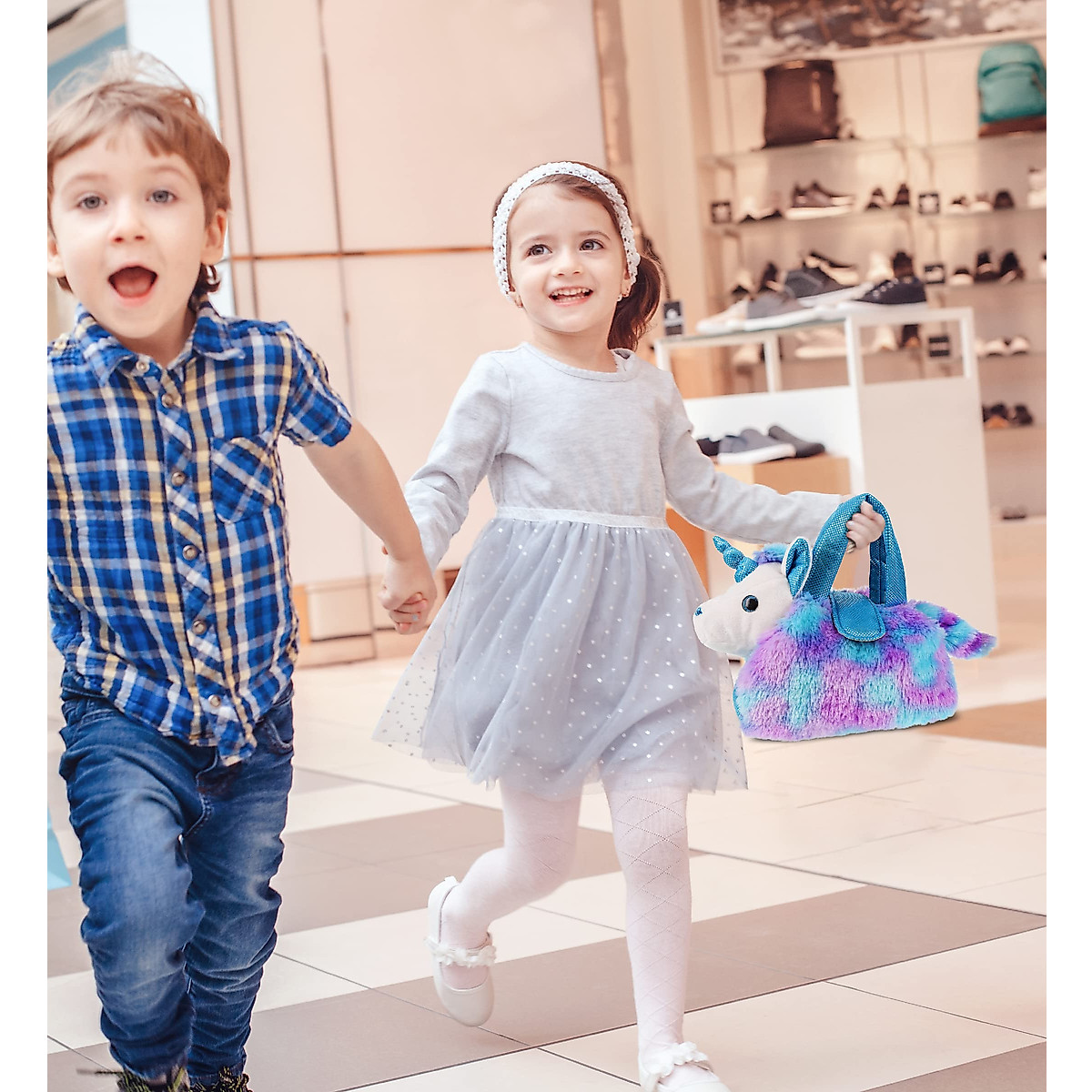 DolliBu Unicorn Bags Collection Set of 4 - Unicorn Stuffed Animal Purse Bags for Girls, Removable White, Purple, Rainbow, Blue Unicorns in Furry Handbags