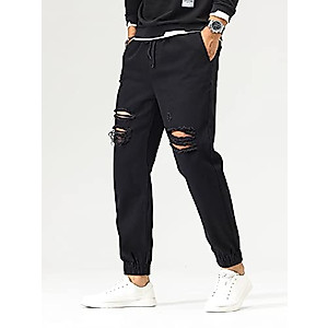 WDIRARA Men's Ripped Frayed Skinny Zipper Fly Jeans Casual Long Denim Pants with Pocket Black Solid S