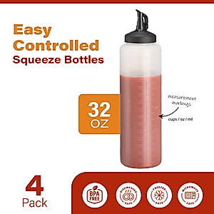 MIGHTY STRONG Condiment Squeeze Bottles for Sauces - 32 Oz Squirt Bottles for Liquids, Easy Pour Sauce Bottles with Leak Proof Snap Cap, Condiment Bottles, Plastic Squeeze Bottles (Classic, 4, Count)