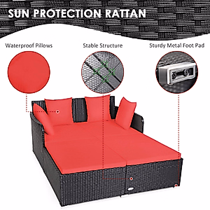Tangkula Outdoor Rattan Daybed, Sunbed Wicker Furniture w/Spacious Seat, Upholstered Cushion & High-Resilience Sponge, Wicker Patio Sofa Set w/Extra Pillows for Courtyard Poolside(Red)