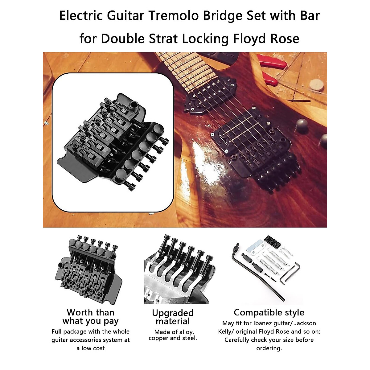 Black Electric Guitar Tremolo Bridge with Bar Double Strat Locking for Floyd Rose Type