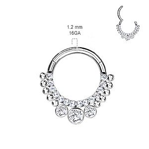 Pierced Owl 16G Implant Grade Titanium Beaded CZ Crystal Paved Front and Triple Gem Cartilage Helix Daith Septum Hinged Segment Ring