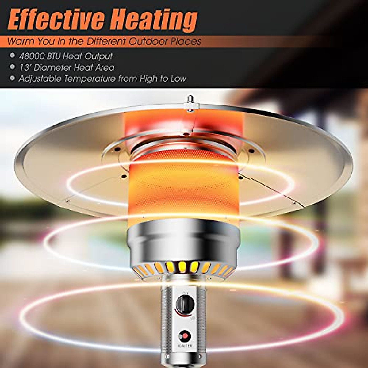 COSTWAY Patio Heater, 48000 BTU Propane Heater with Drink Shelf Tabletop, Simple Ignition System, Base Reservoir and Wheels, Standing Outdoor Space Heater for Patio, Garden and Backyard (Black)